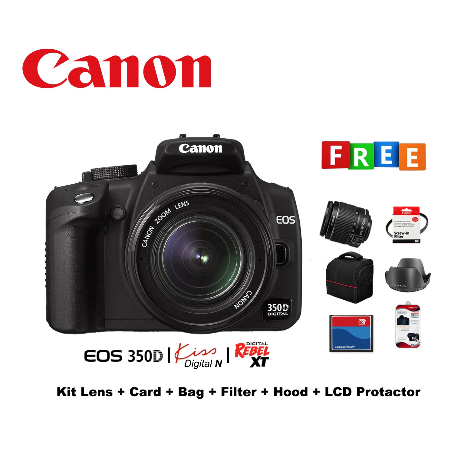 Canon EOS 350D | Kiss Digital N | Rebel Digital XT Kit lens + Card + Bag + Hood + Protector ...