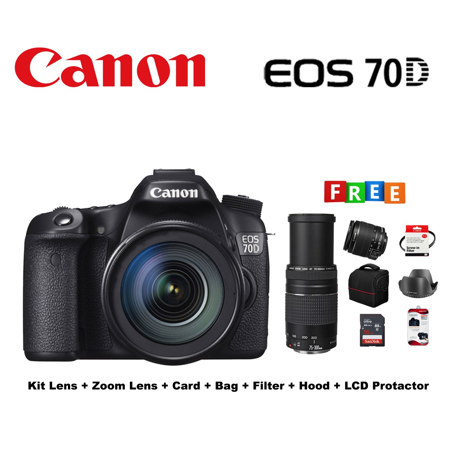 Canon EOS 70D Kit lens + Zoom Lens + Card + Bag +Hood + Protector ...