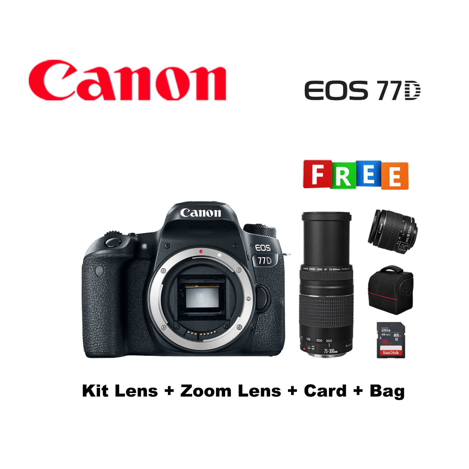 Canon EOS 77D DSLR Camera Kit Lens + Zoom Lens + Card + Bag - Mega City
