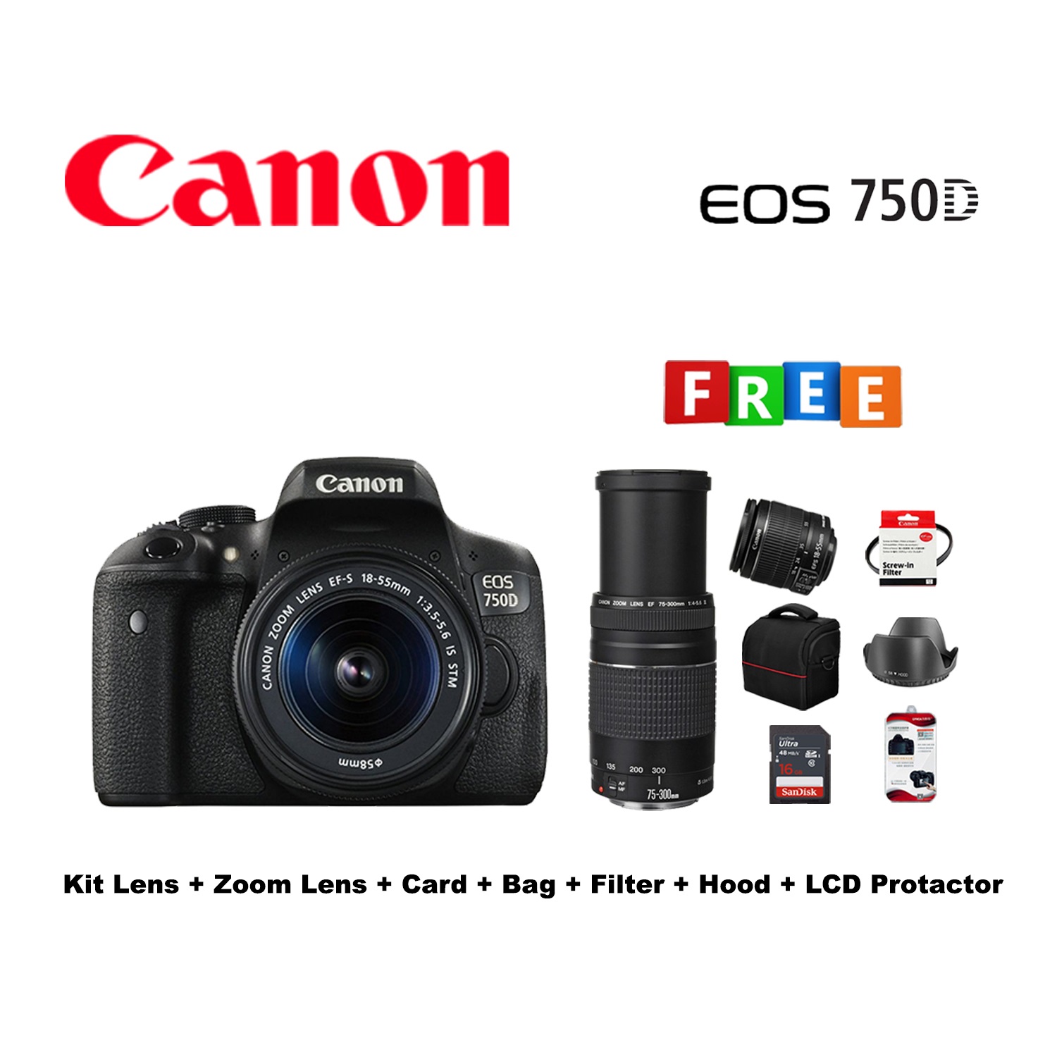 Canon EOS 750D DSLR Camera Kit lens + Zoom Lens + Card + Bag + Hood + Protector + Filter - Mega City