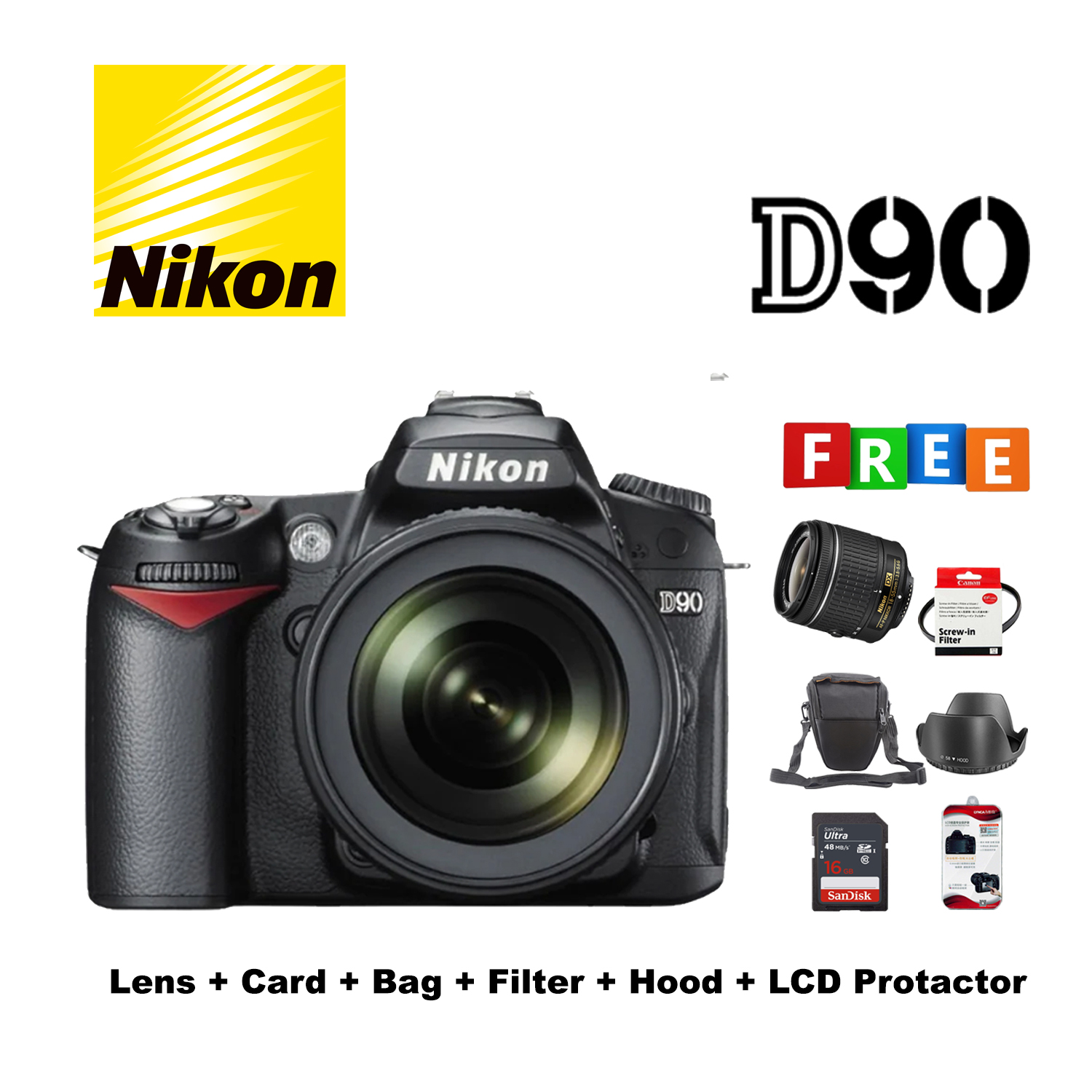 Nikon D90 Kit lens + Card + Bag + Hood + Protector + Filter - Mega City